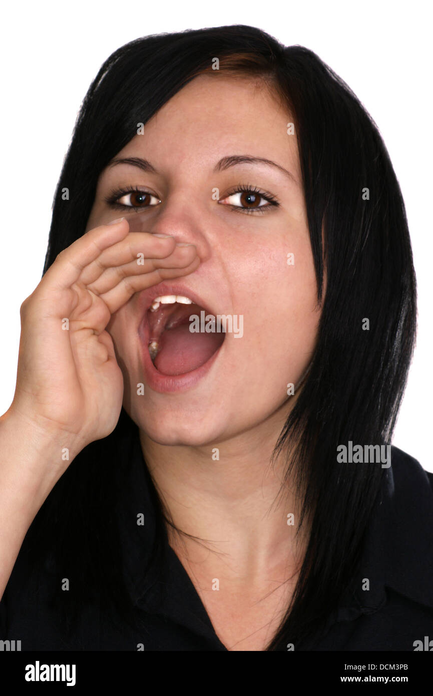 a young woman is shouting with her open mouth Stock Photo - Alamy