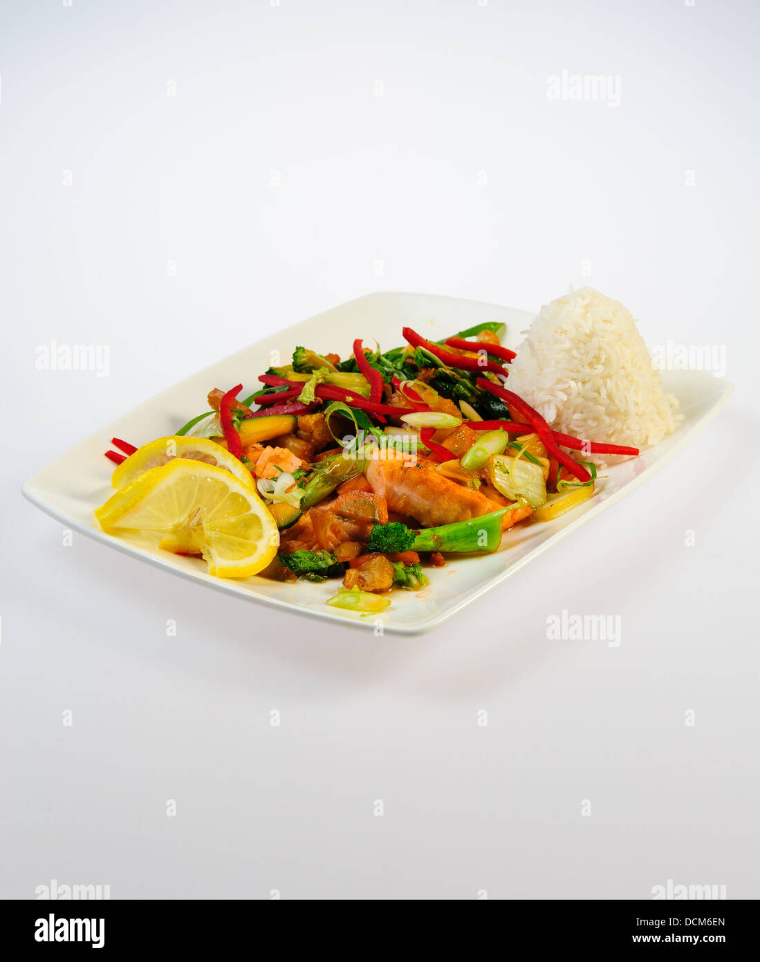 Salmon, rice and vegetables Stock Photo - Alamy