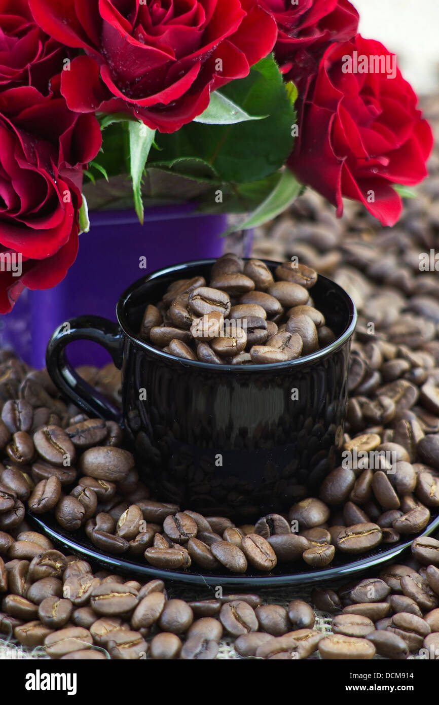 coffee beans and red roses Stock Photo - Alamy