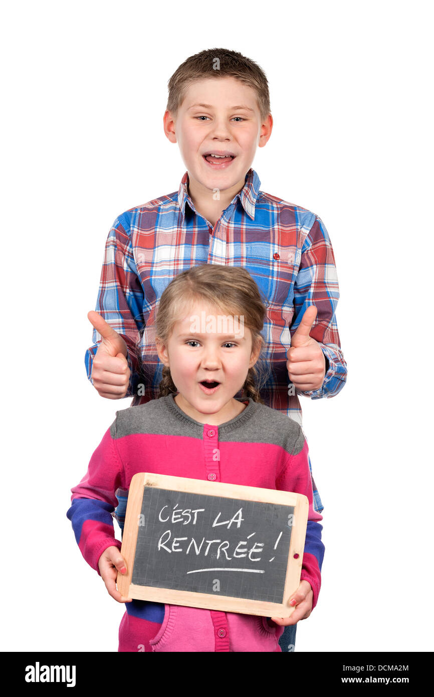 Happy children holding slate on white background Stock Photo - Alamy