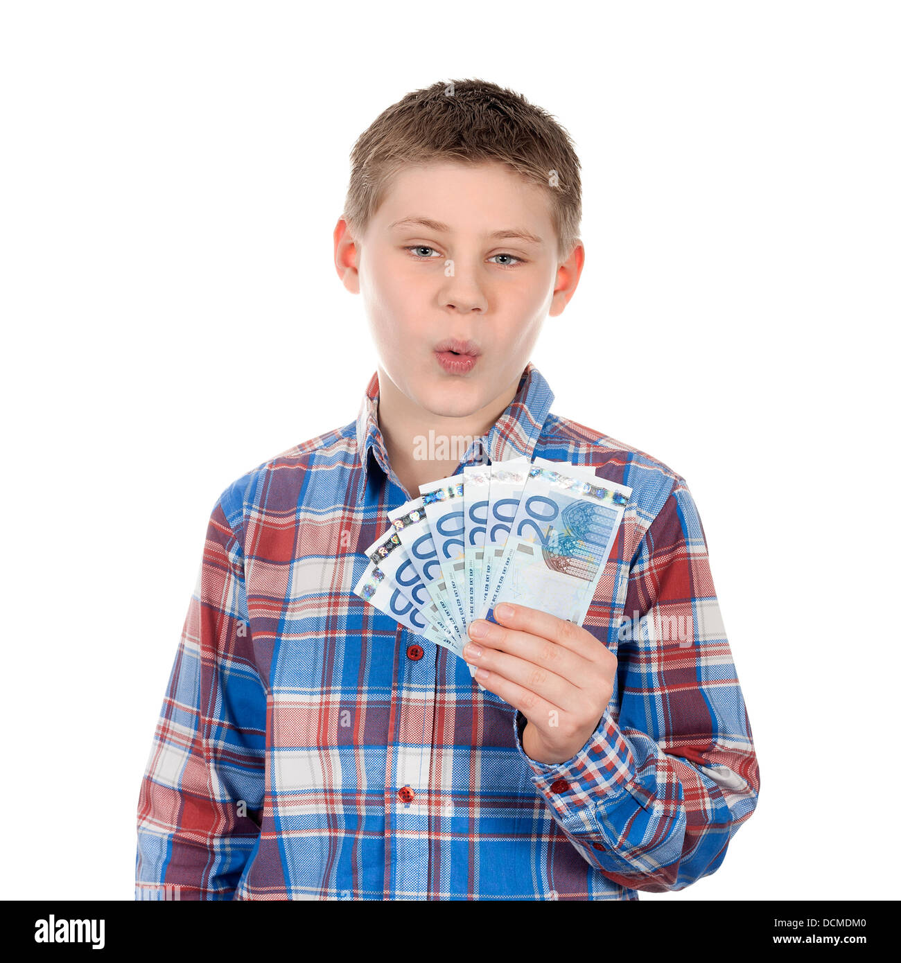 Cute boy with euro notes on white background Stock Photo - Alamy
