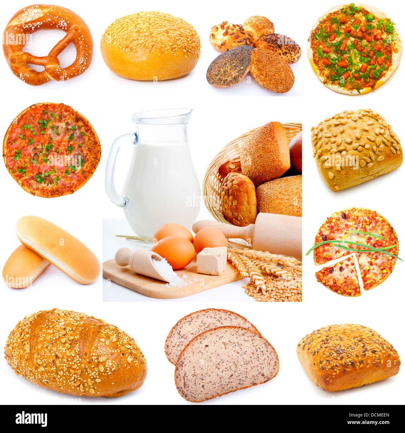 Assortment of different types of bread isolated on white background ...