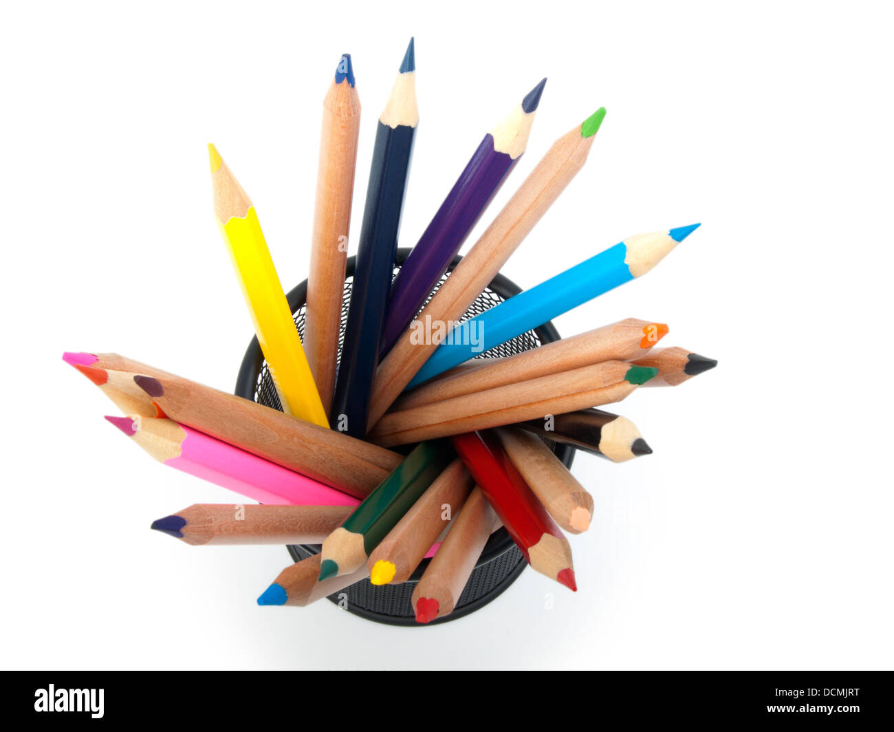 Colored pencils in pot isolated Stock Photo - Alamy