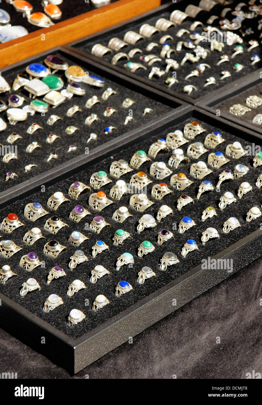 Handcrafted silver rings with natural stones Stock Photo - Alamy
