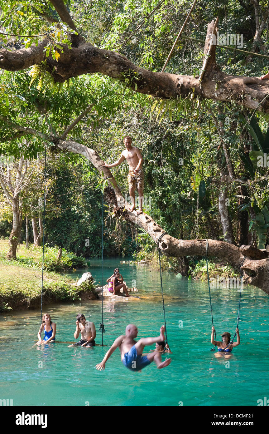Vertical view of tourists at Poukham Cave aka Tham Phu Kham and the ...