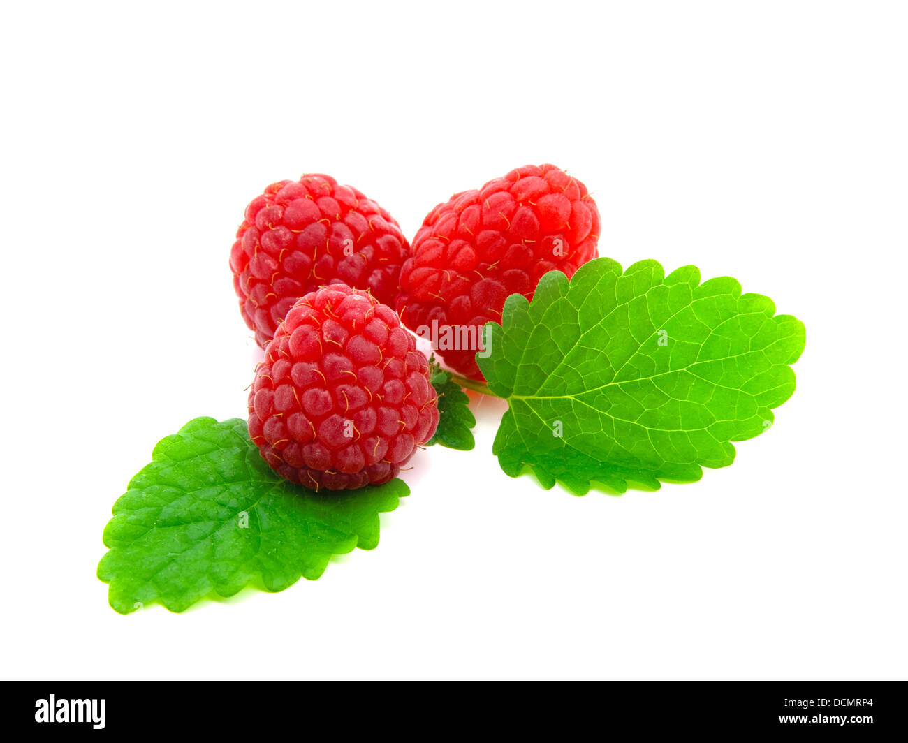 Raspberries with green leaves on white background Stock Photo - Alamy