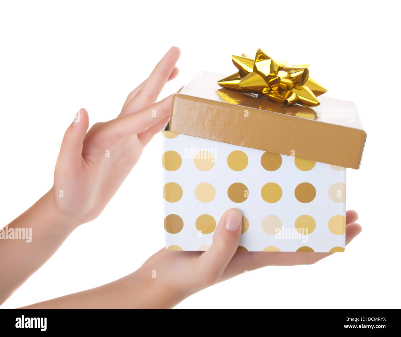 young girl with golden gift box for you Stock Photo - Alamy