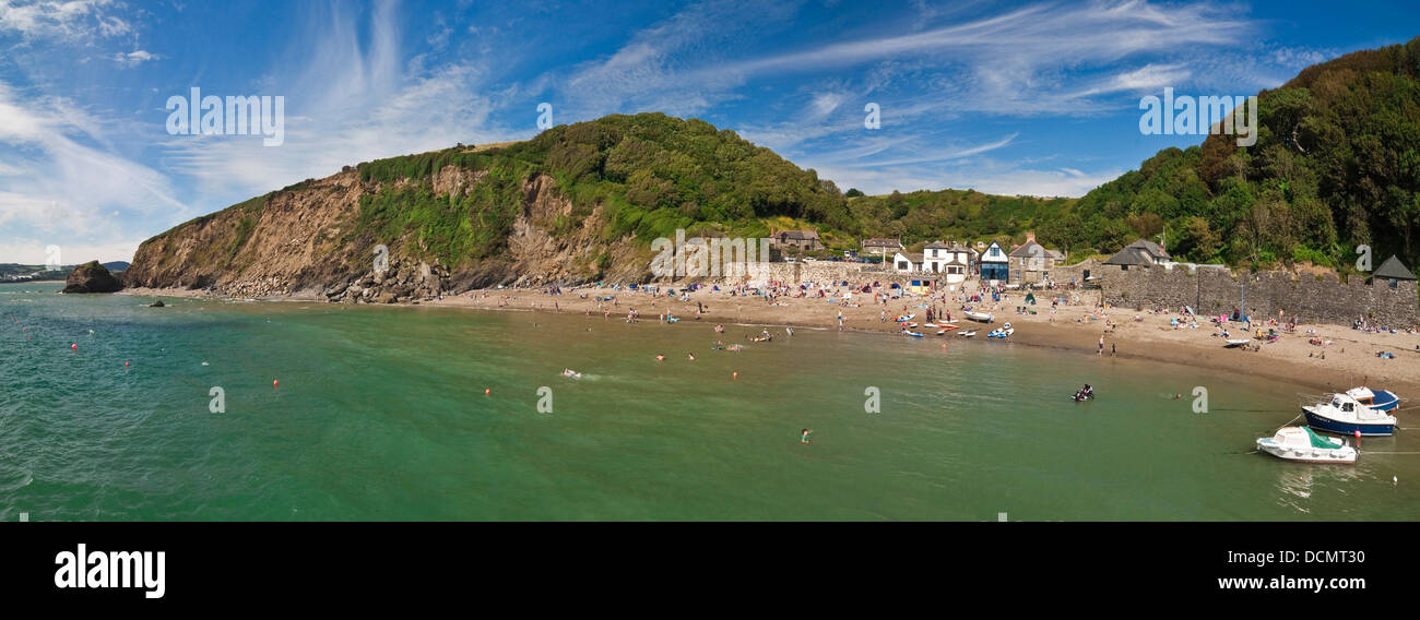 Horizontal panoramic view across Polkerris beach on a beautiful summer ...