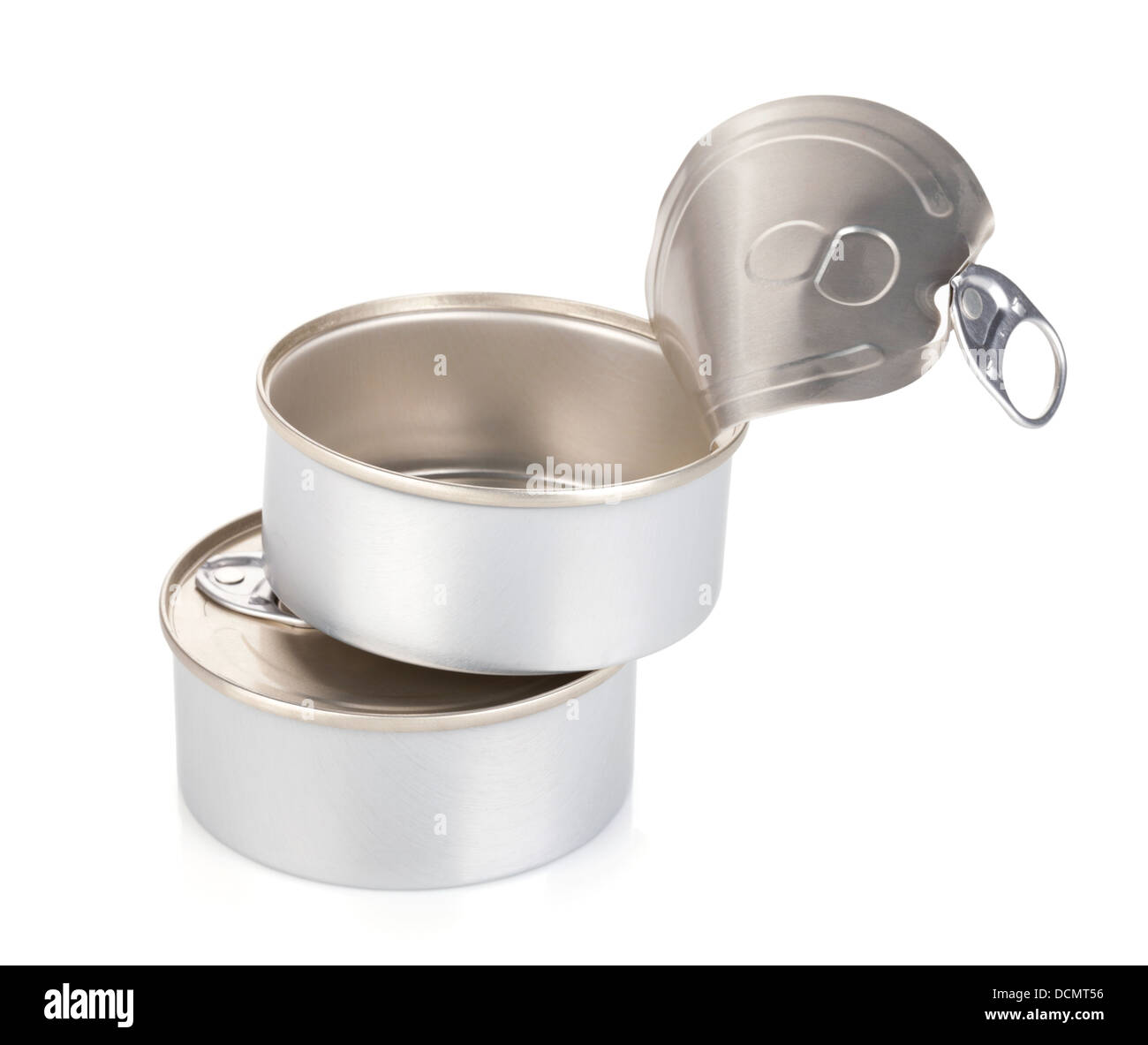 Closed and opened tin cans. Isolated on white background Stock Photo ...