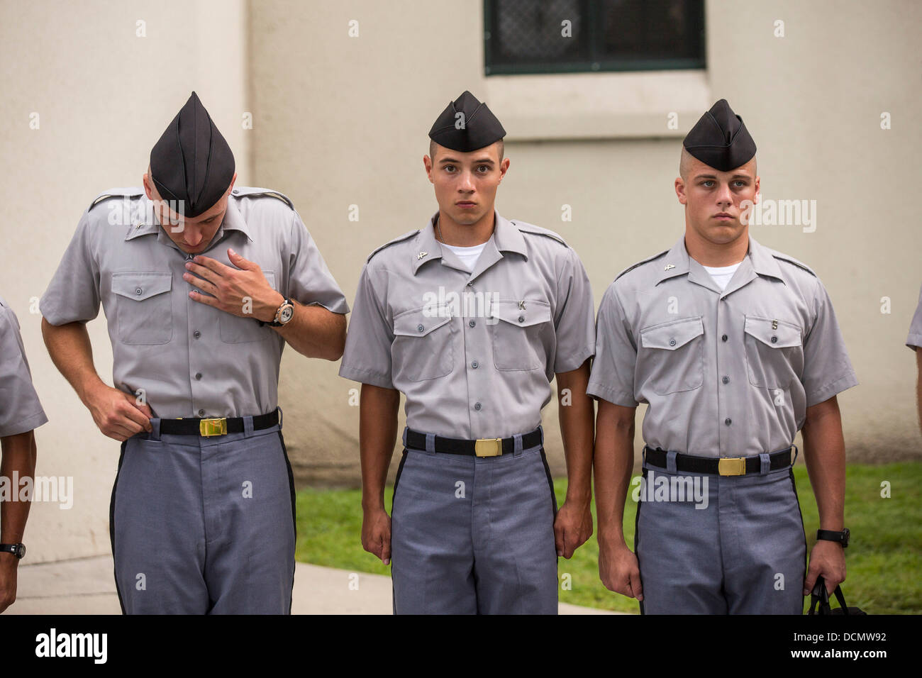 Citadel freshmen known as knobs adjust their new uniforms worn for the ...