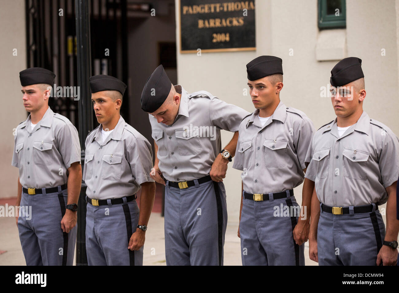 Citadel freshmen known as knobs adjust their new uniforms worn for the ...