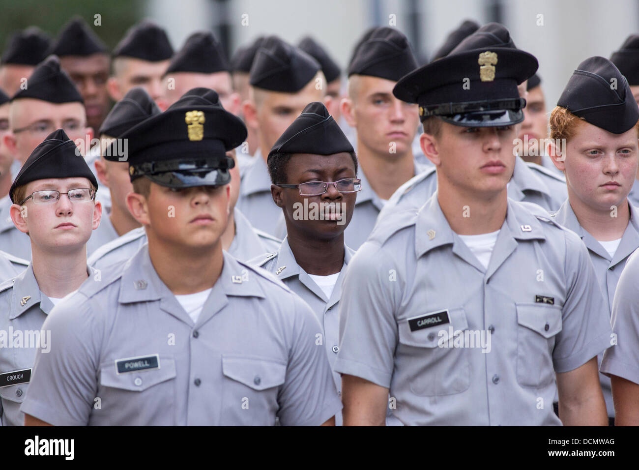Citadel freshmen known as knobs line up during close formation drills ...