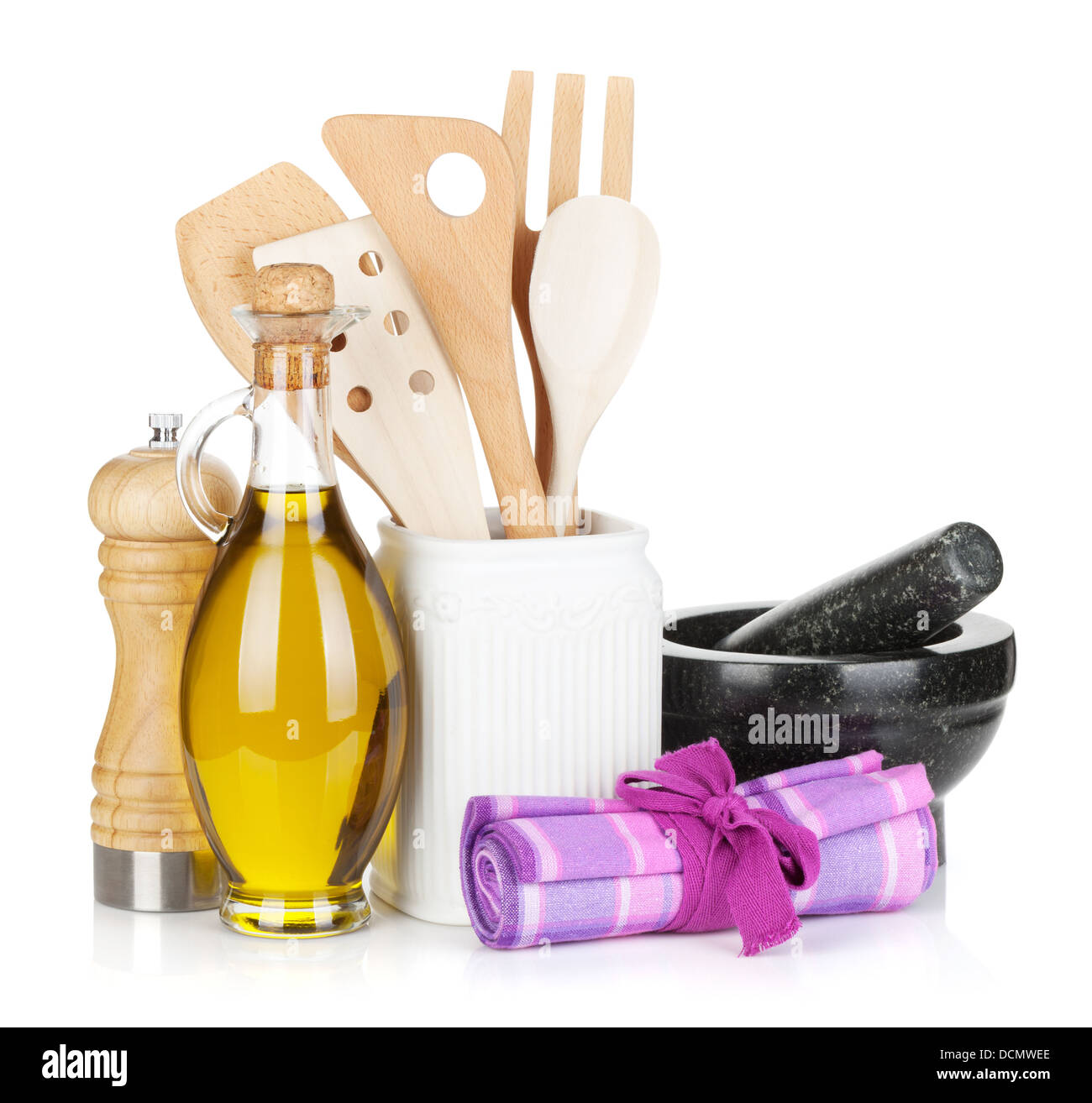 Kitchen utensils and condiments. Isolated on white background Stock ...