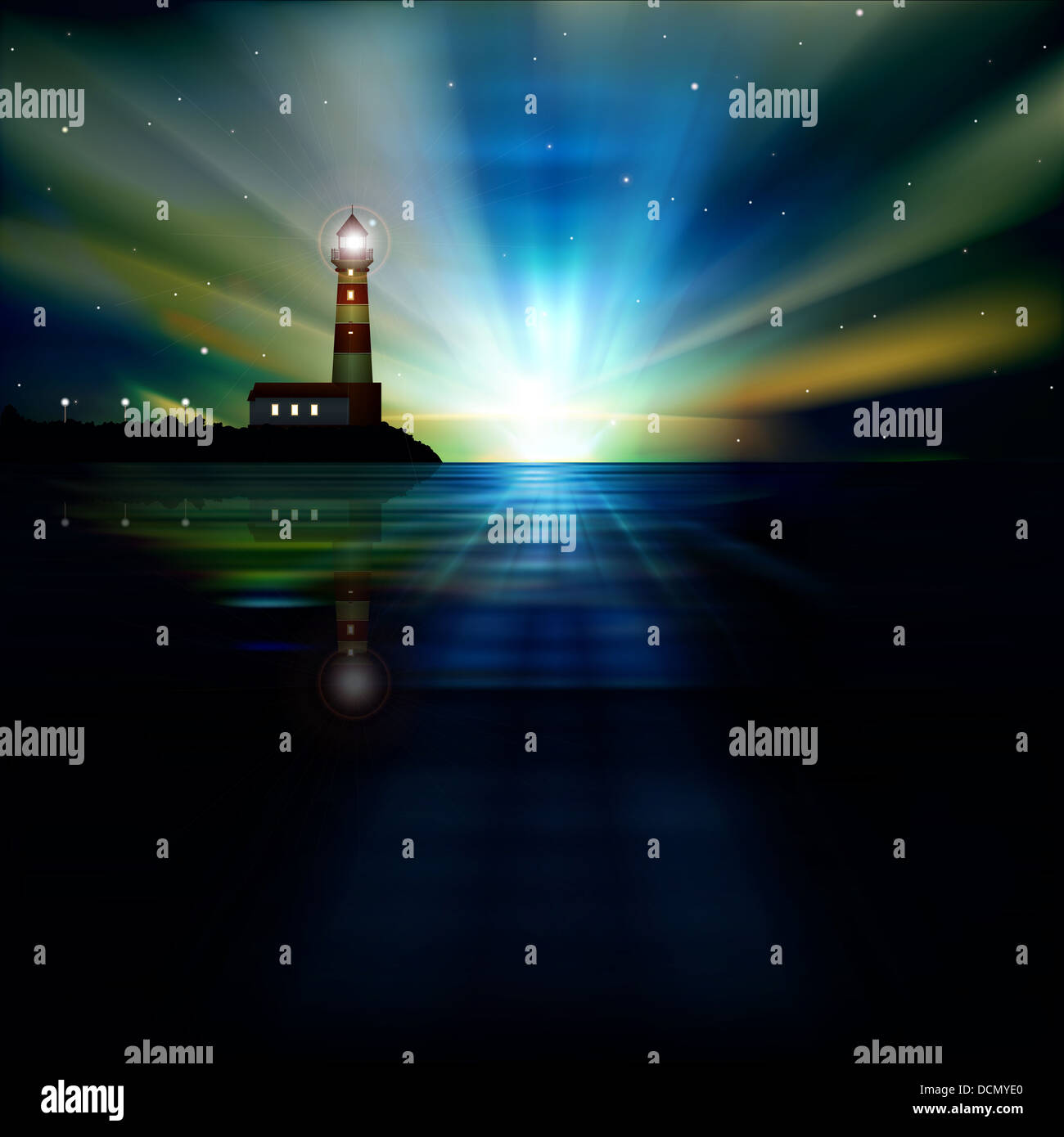 abstract dark blue background with sunrise and lighthouse Stock Photo ...