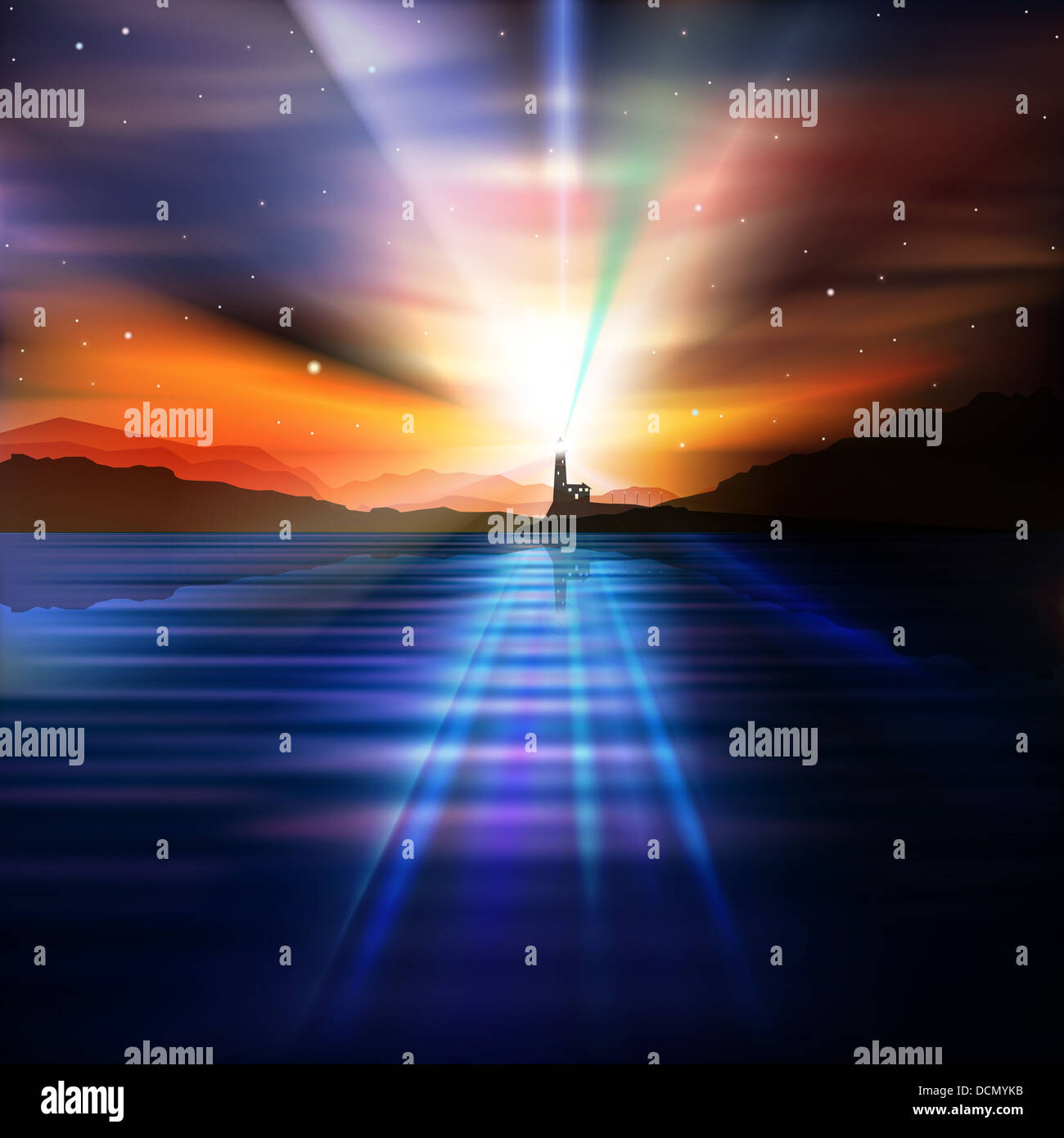 abstract nature background with lighthouse and stars Stock Photo - Alamy