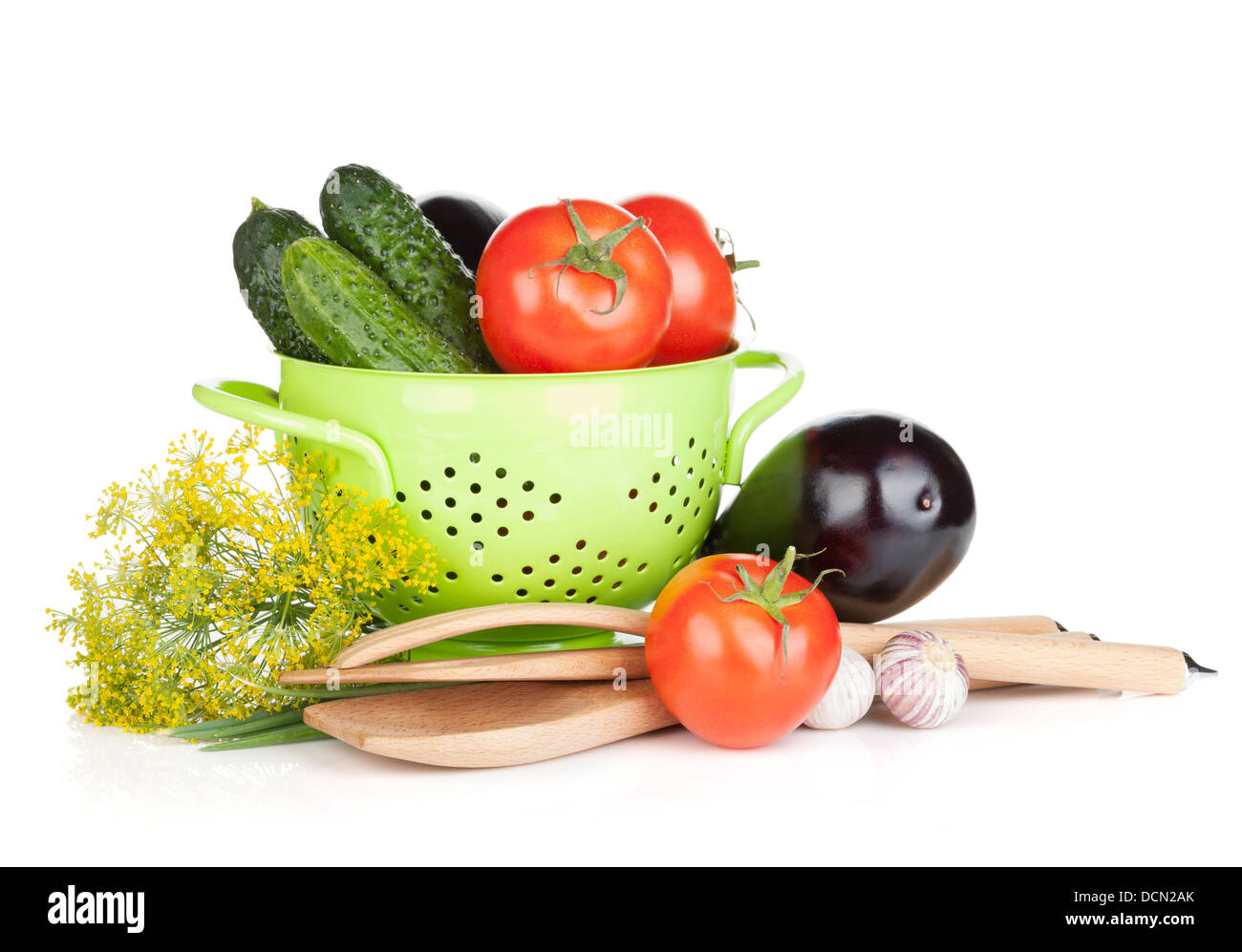 Fresh ripe vegetables in colander. Isolated on white background Stock ...