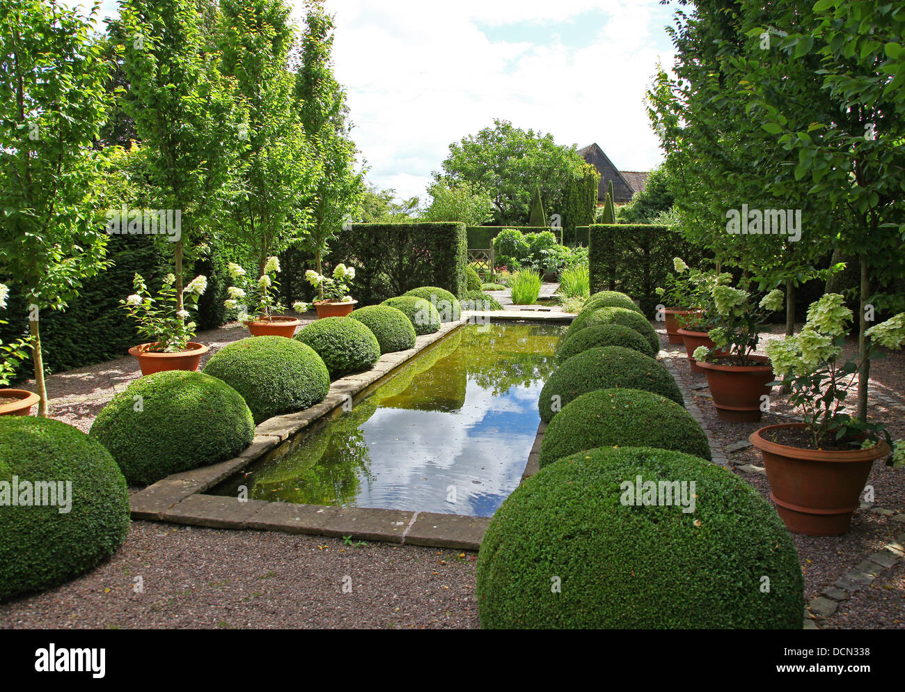 The pond and topiary at the Upper Rill Garden at Wollerton Old Hall ...