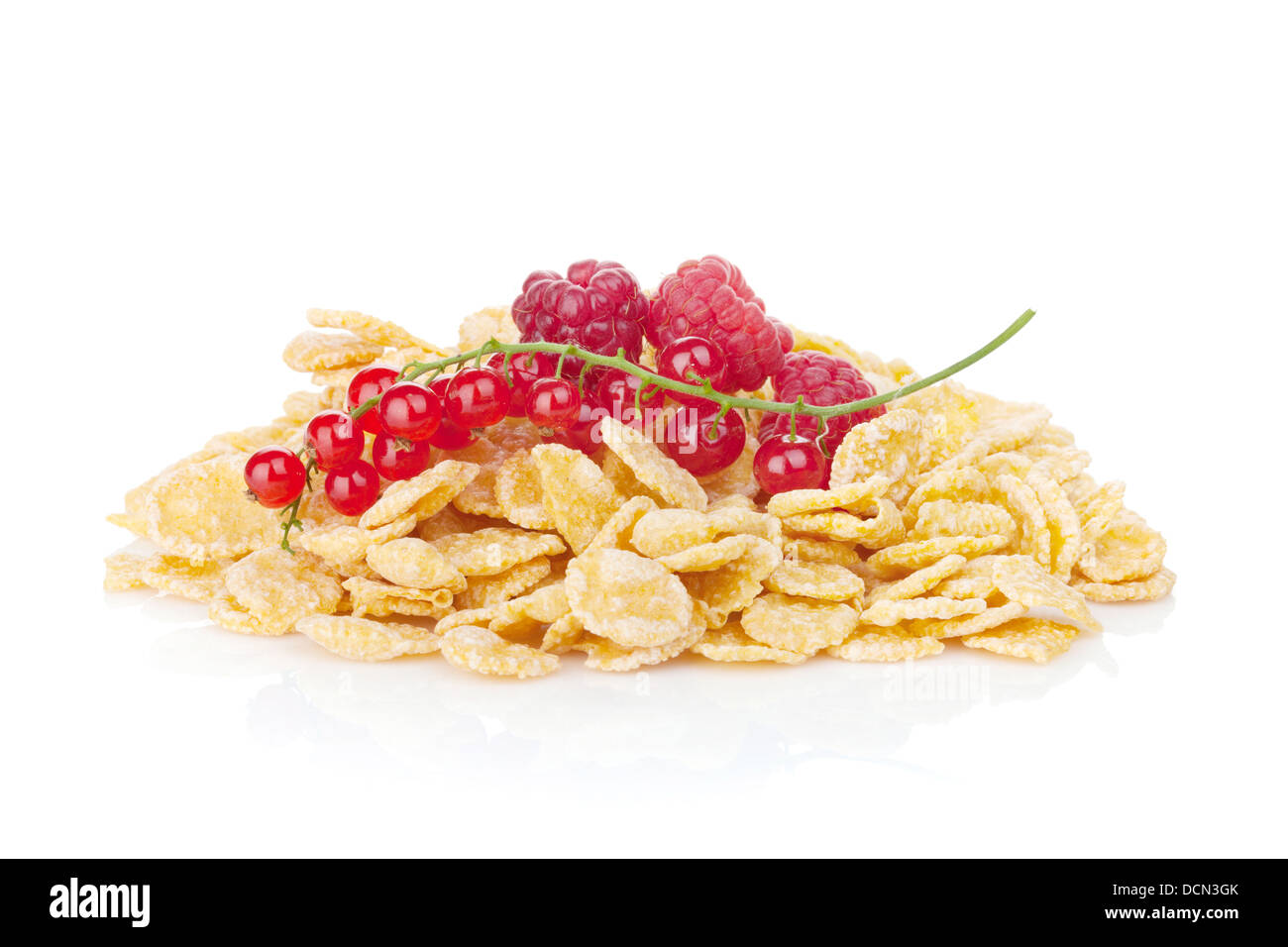 Fresh corn flakes heap with berries. Isolated on white background Stock ...
