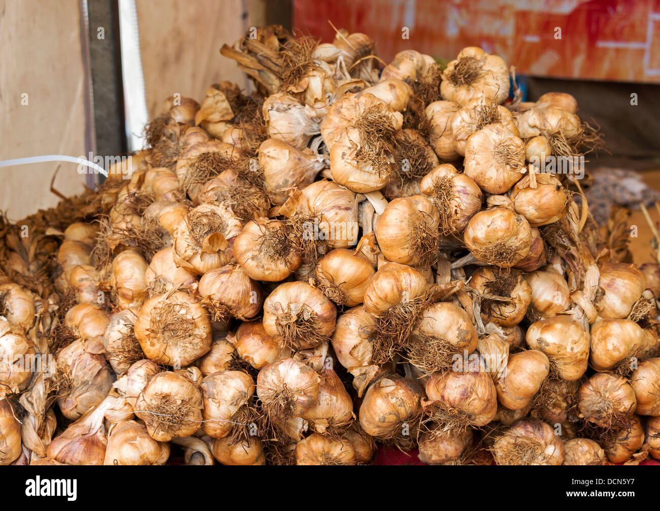 lot of garlic for sale on the market Stock Photo - Alamy