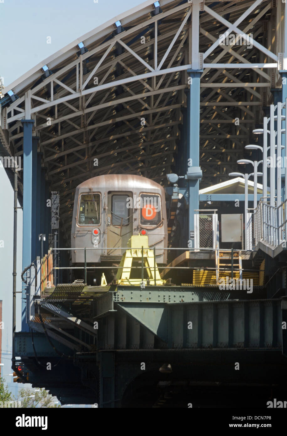 An elevated D Train subway at the last stop, Stillwell Avenue in Coney ...