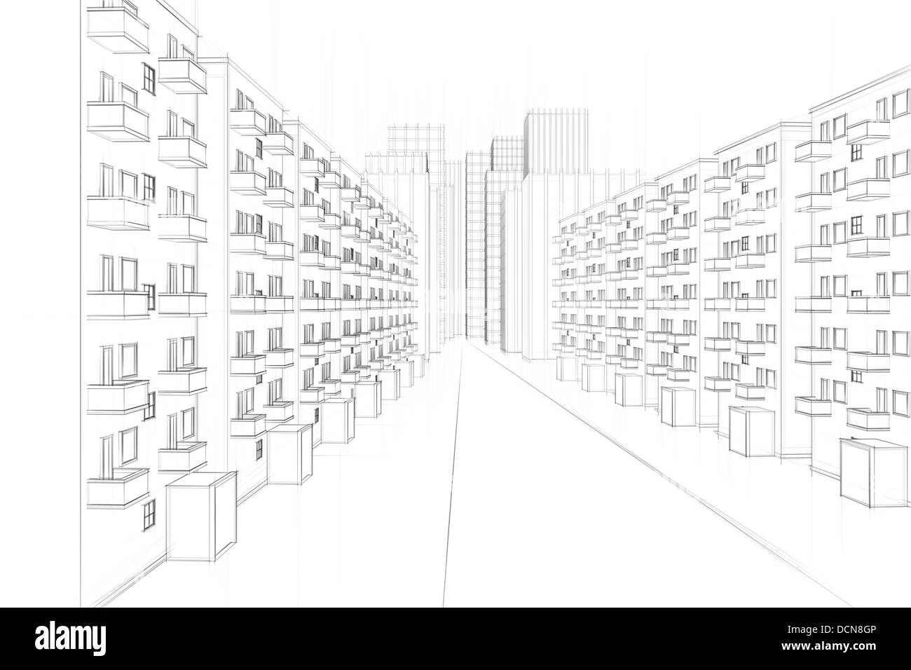 drawing of an urban residential street with apartment blocks Stock ...