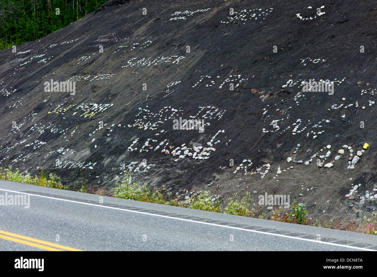 Children use white rocks on the black hillside to create signs and name ...