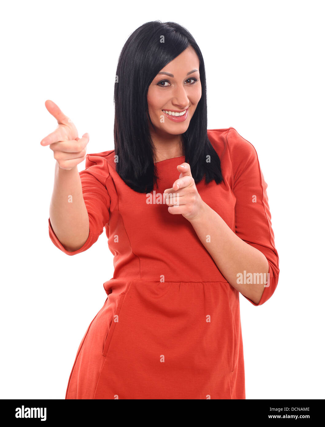 Beautiful woman shows on something Stock Photo - Alamy