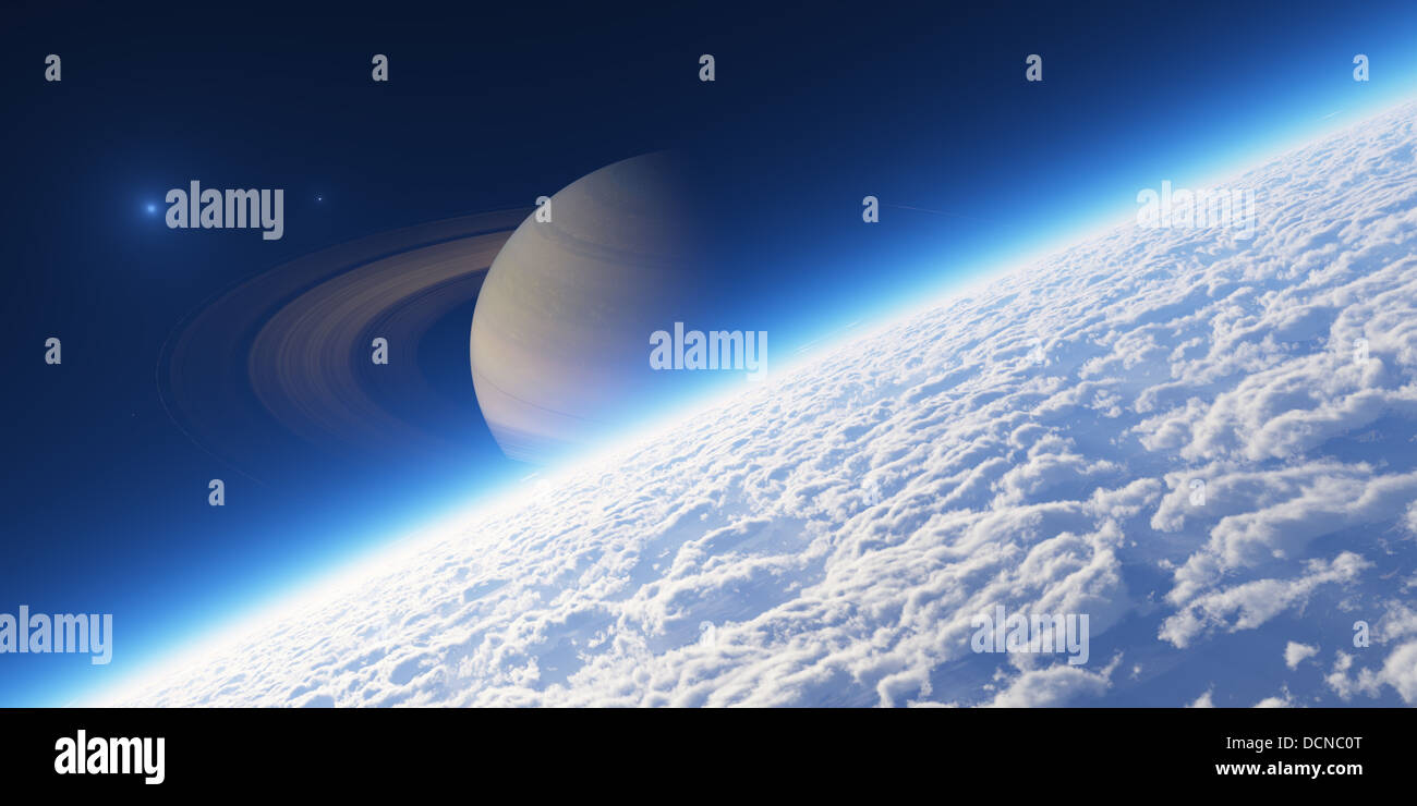 Planet with rings at sunrise. Elements of this image furnished by NASA ...