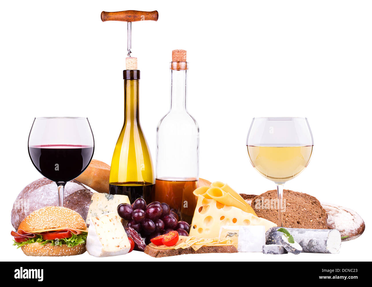 Set of different alcoholic drinks and food - grapes,burger,wine,cheese ...