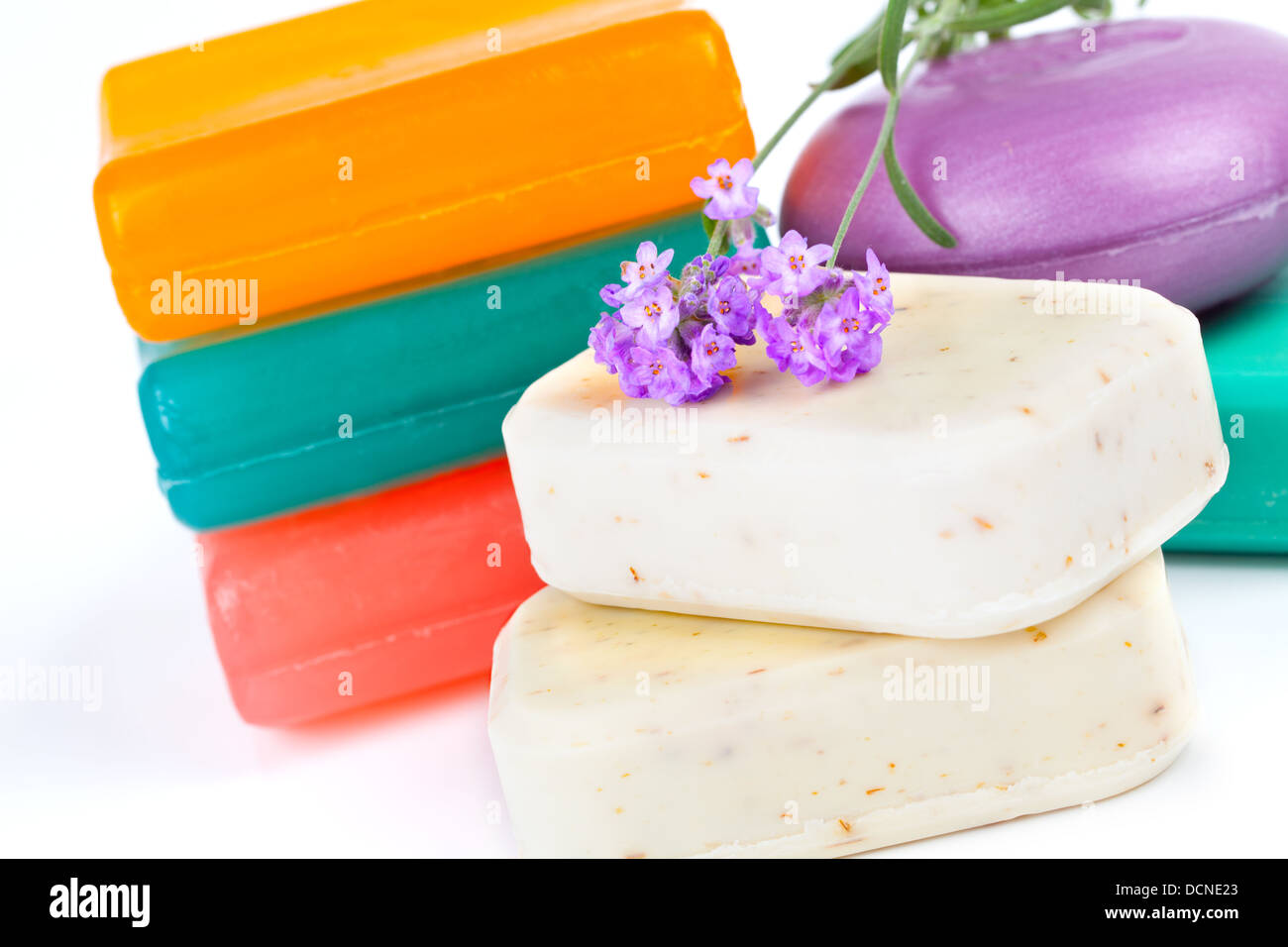 assorted aromatic organic handmade soap and fresh Lavender flow Stock ...