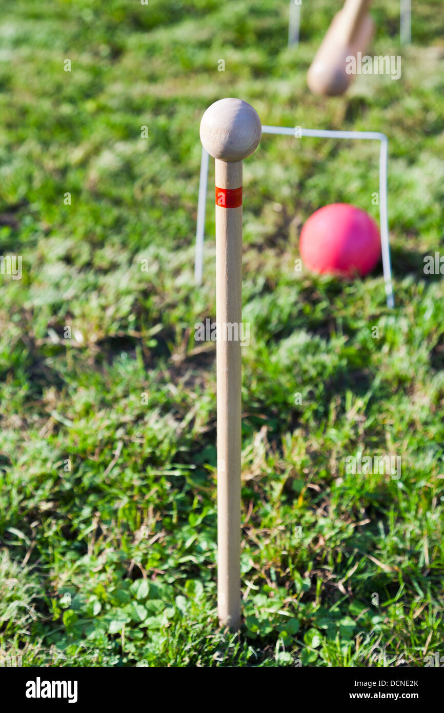 last hoop in game of croquet on green lawn in summer day Stock Photo ...