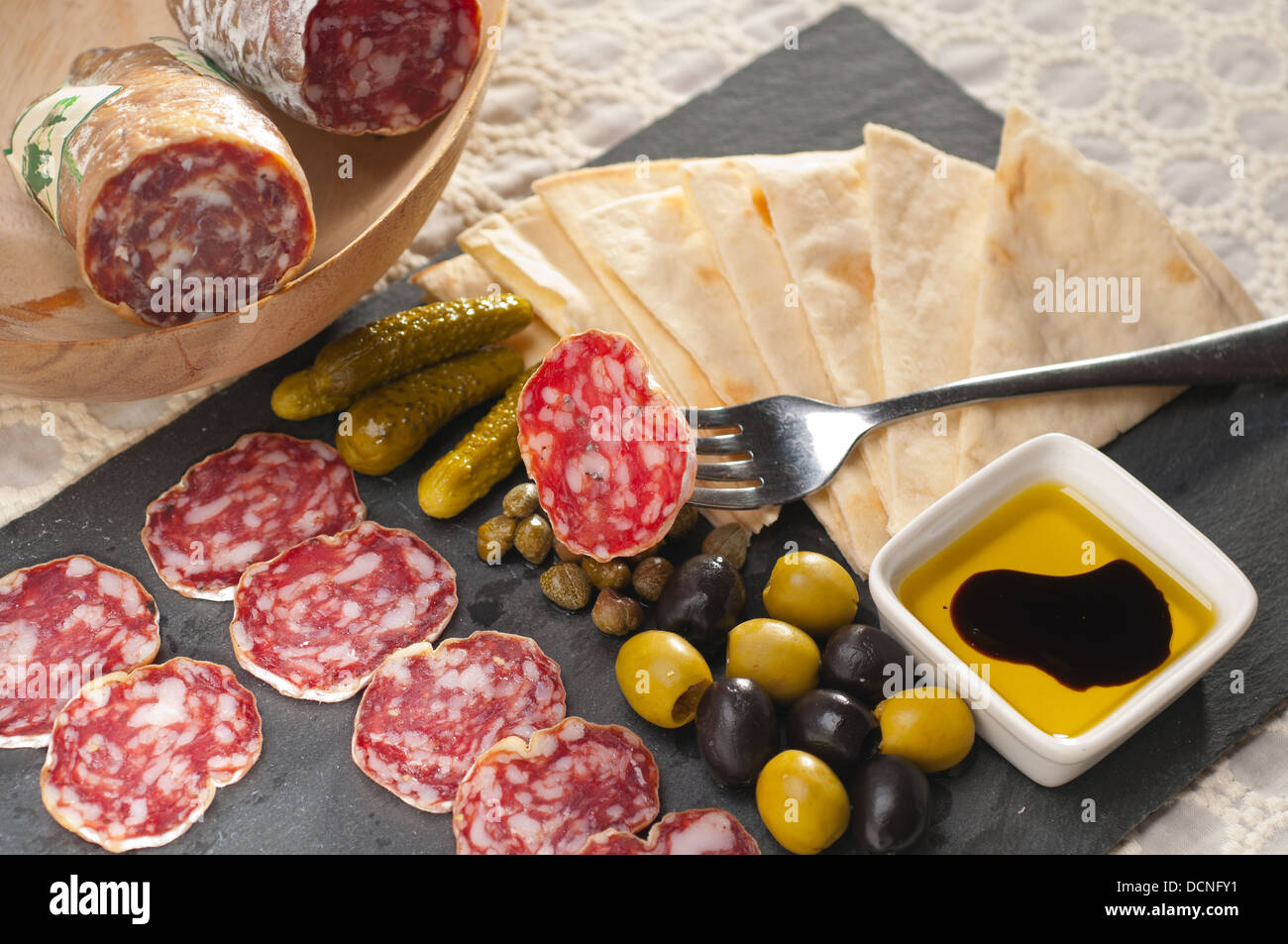 cold cut platter with pita bread and pickles Stock Photo - Alamy