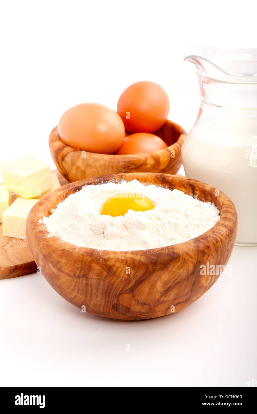 Milk, flour and eggs, ingredients for baking Stock Photo - Alamy