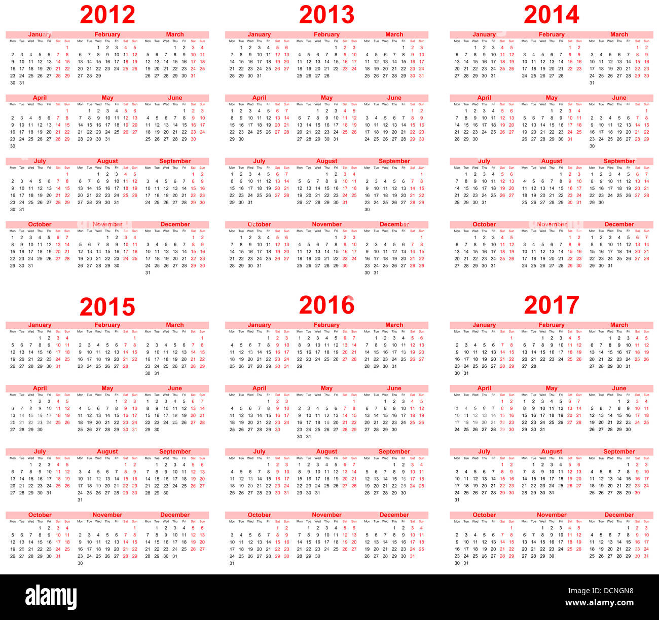 Calendar 2012, 2013, 2014, 2015, 2016, 2017 Stock Photo - Alamy