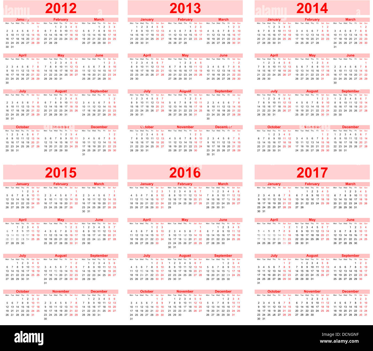 Calendar 2012, 2013, 2014, 2015, 2016, 2017 Stock Photo - Alamy