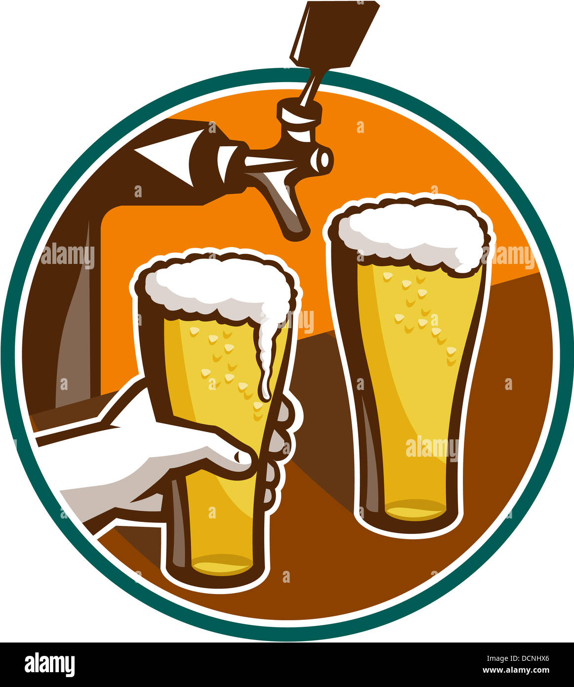 Illustration of two glass full pint of beer with hand holding and tap ...