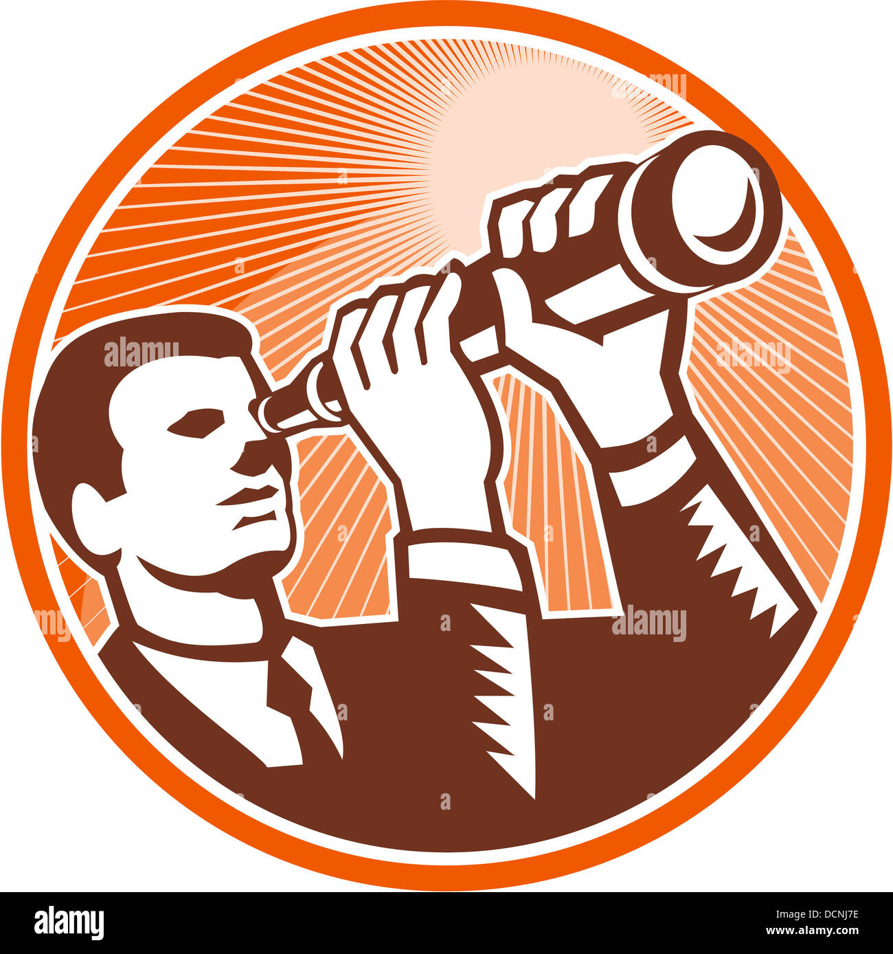 Illustration of a businessman facing front looking holding telescope ...