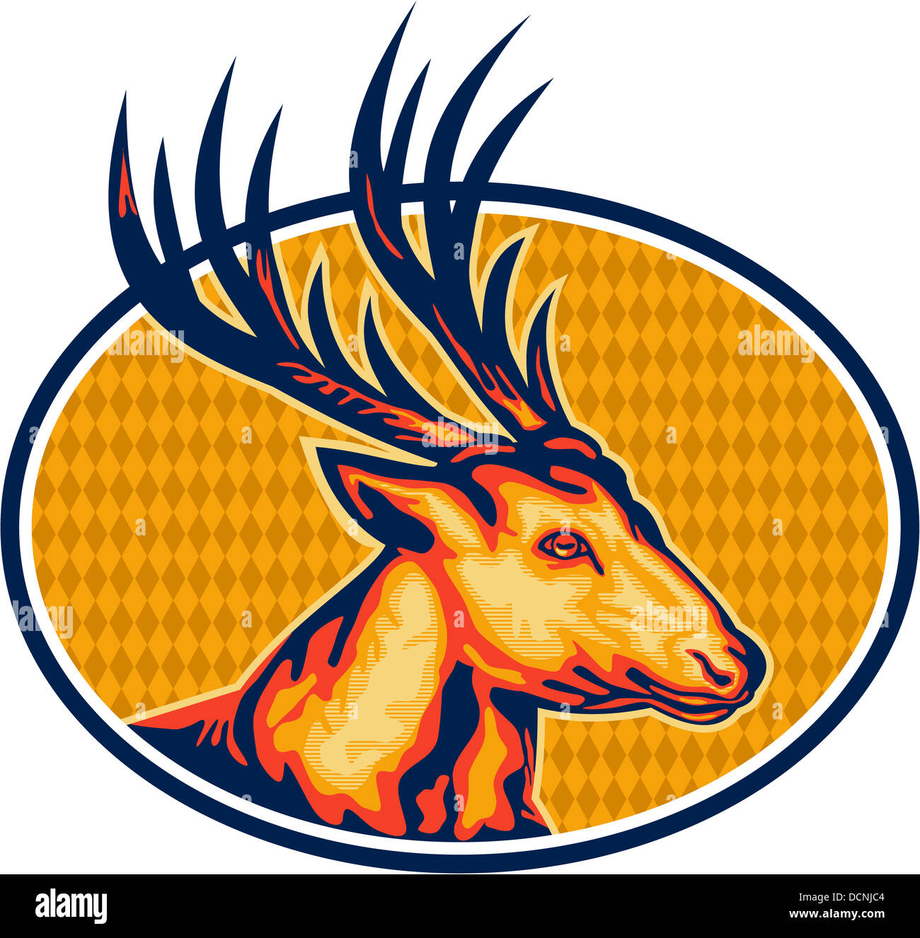 Retro illustration of a stag deer buck head facing side set inside oval ...