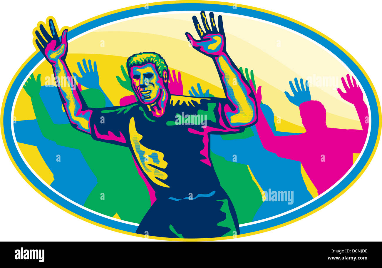 Illustration of a happy marathon runner running with hands up done in ...