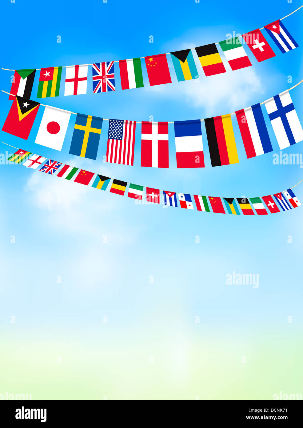 World bunting flags on blue sky. Vector illustration Stock Photo - Alamy