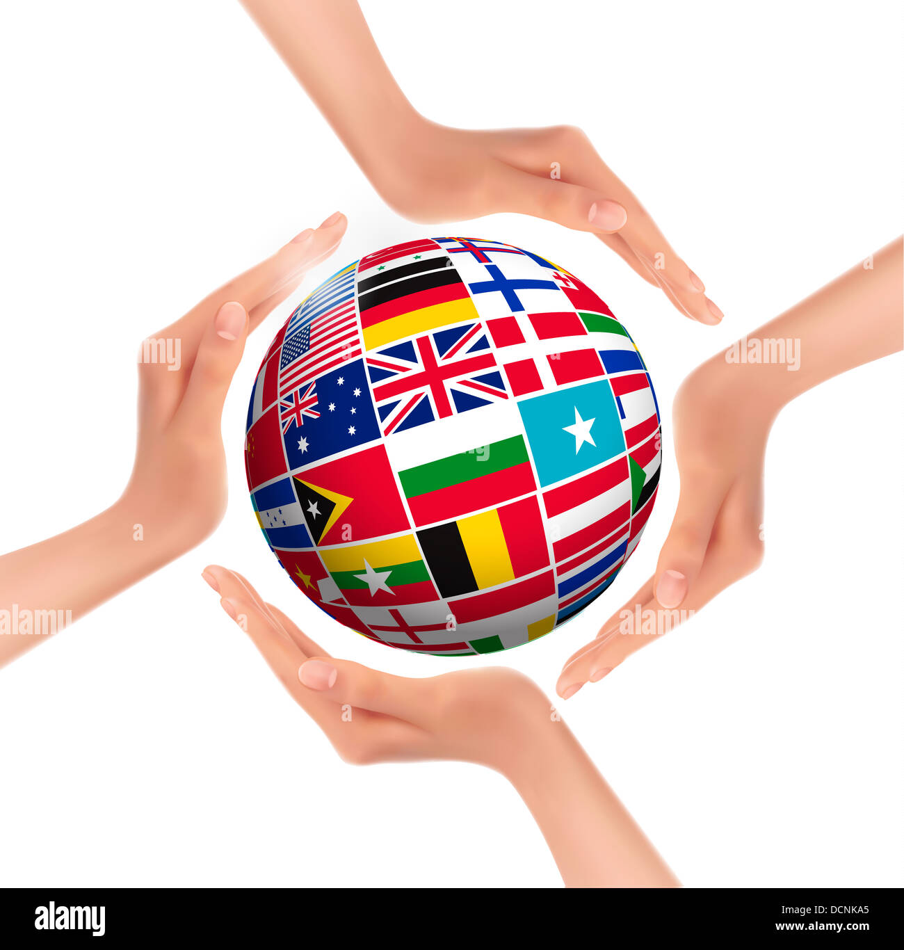 Hands holding globe with flags of world. Vector Stock Photo - Alamy