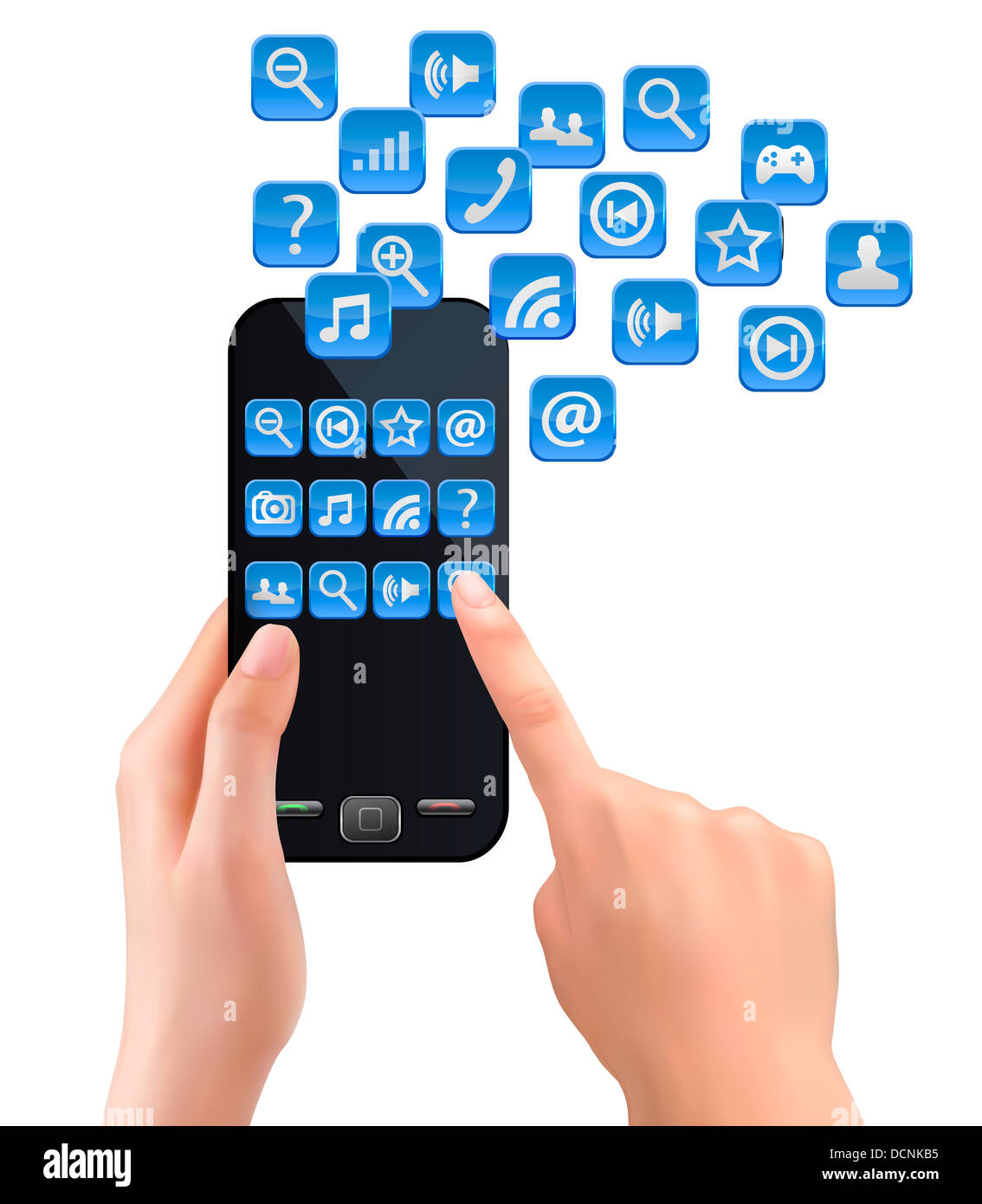 Hands holding mobile phone with icons. Vector Stock Photo - Alamy