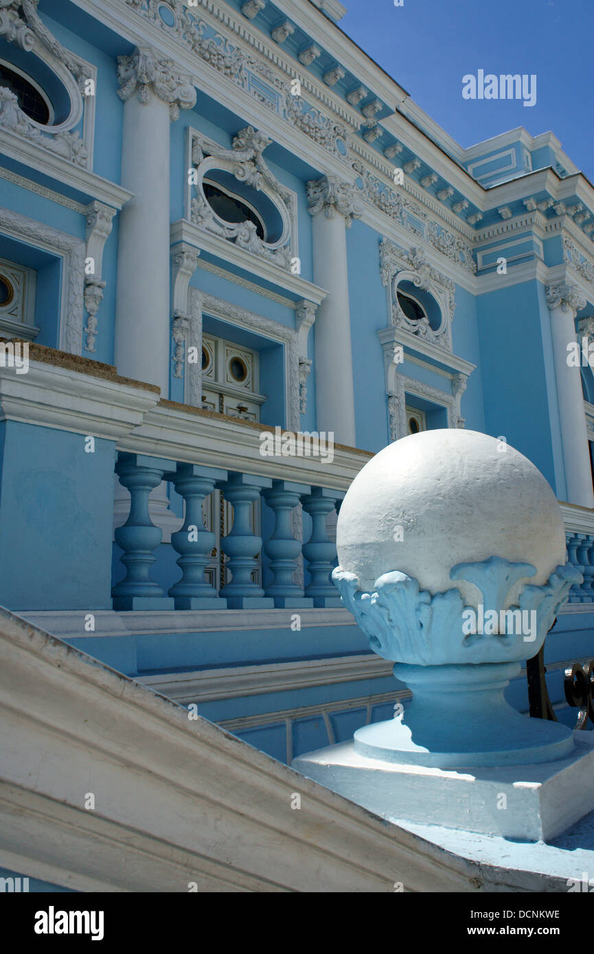 Entrance to restored blue and white ornate Spanish colonial mansion in ...