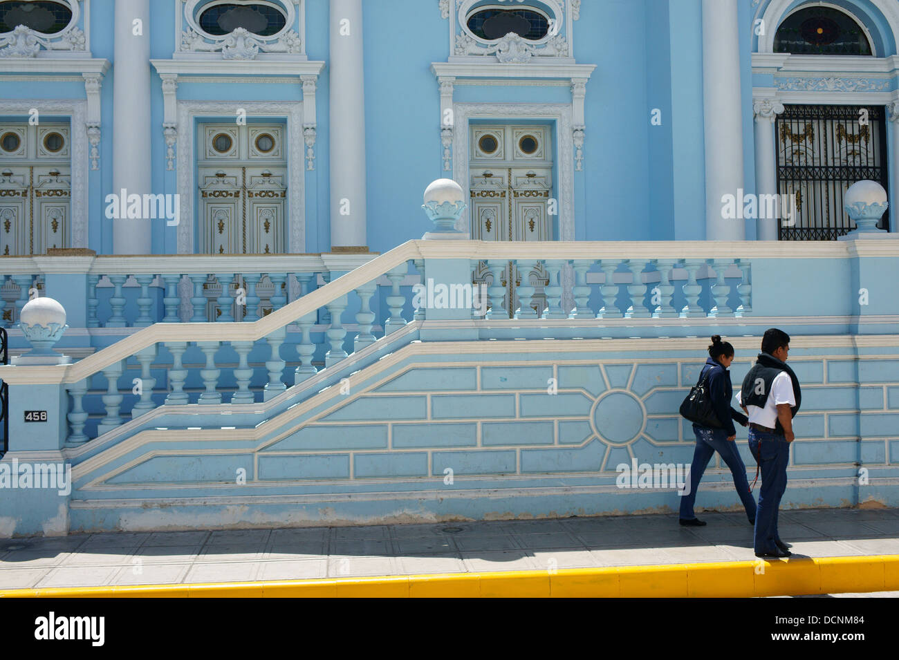 Ornate blue and white facade of a restored Spanish colonial mansion in ...