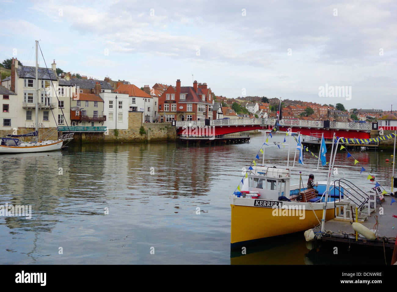 Whitby harbour and the swing bridge in on a calm summer evening Stock ...
