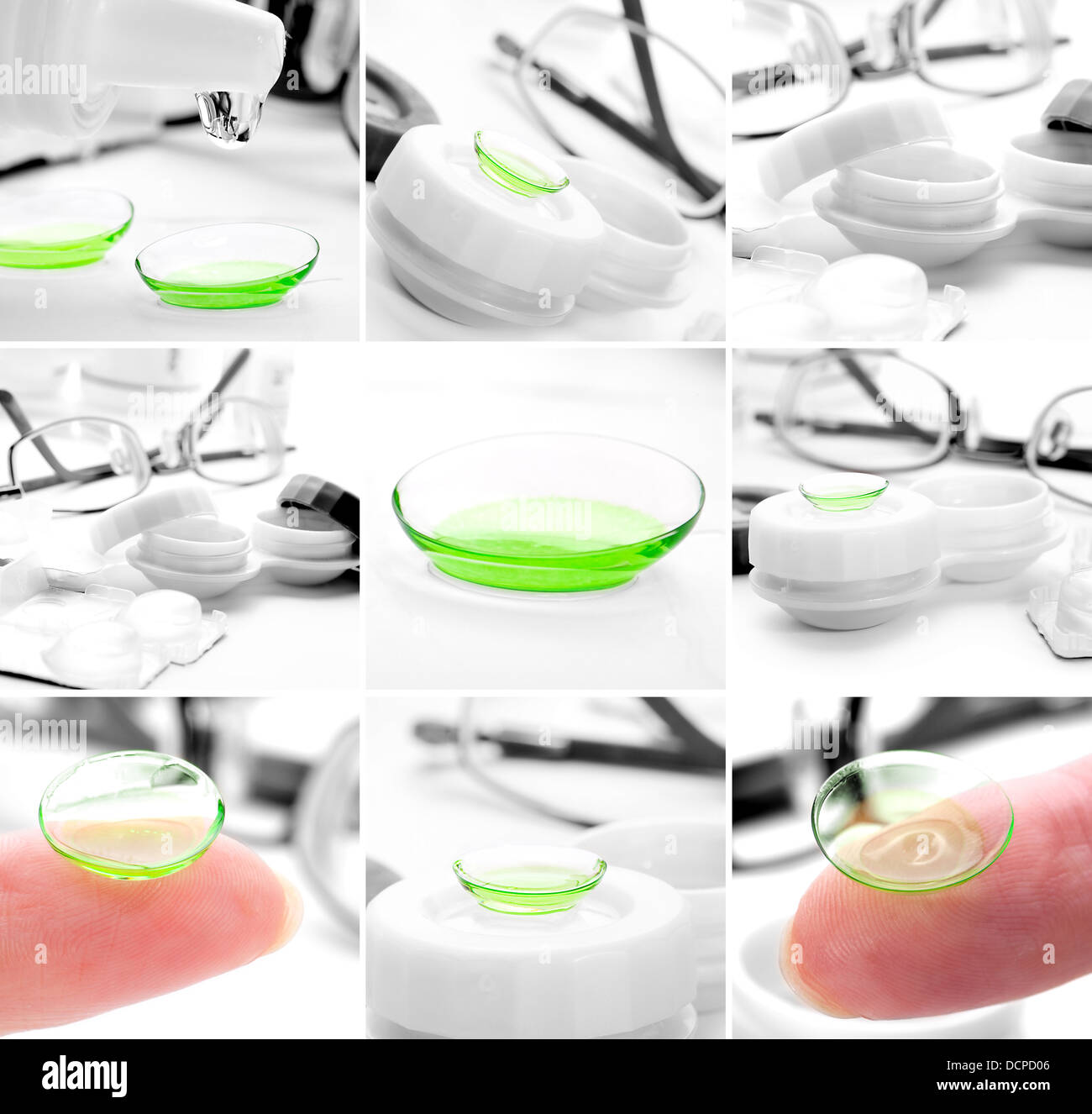 set of green contact lenses in container with solution Stock Photo - Alamy