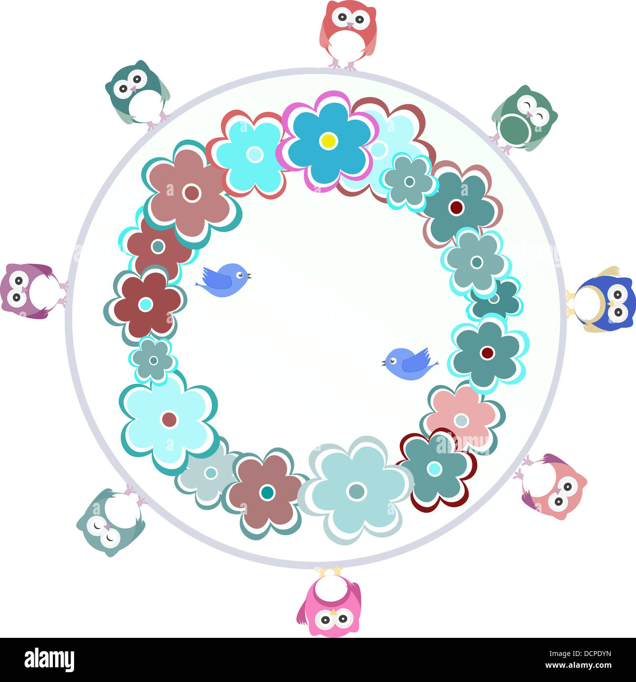 Background with owl, flowers and birds, raster Stock Photo - Alamy