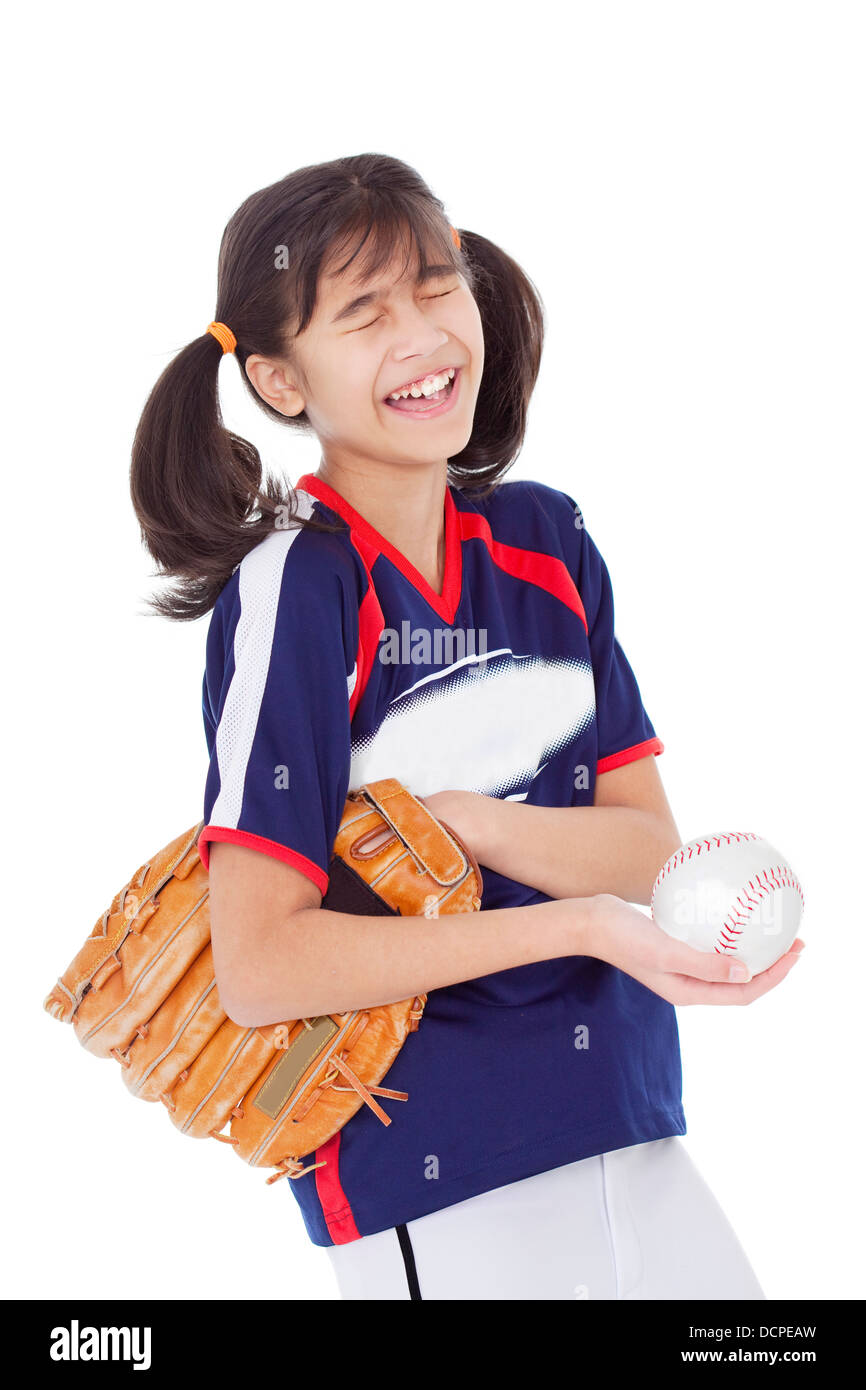 Girl laughing while holding softball and mitt, isolated Stock Photo - Alamy