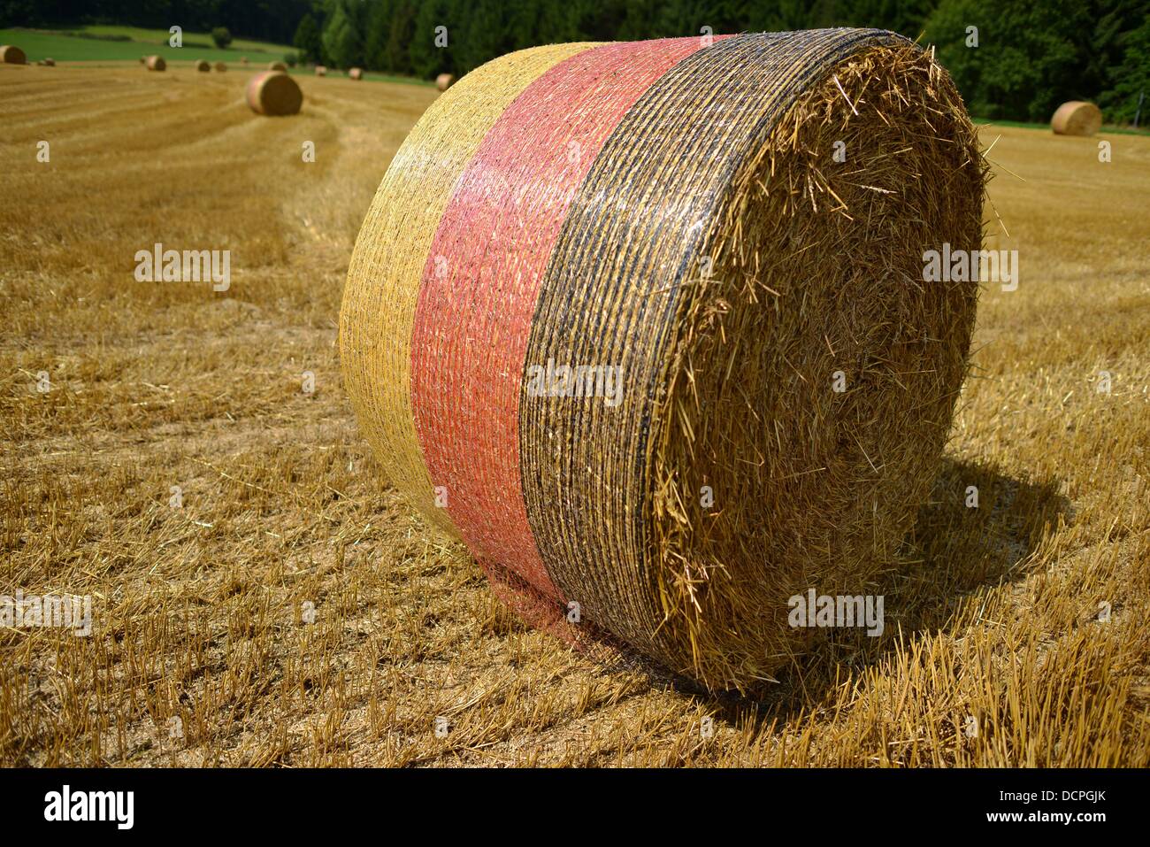 Bales of straw in the colours of the german national flag are laying on ...