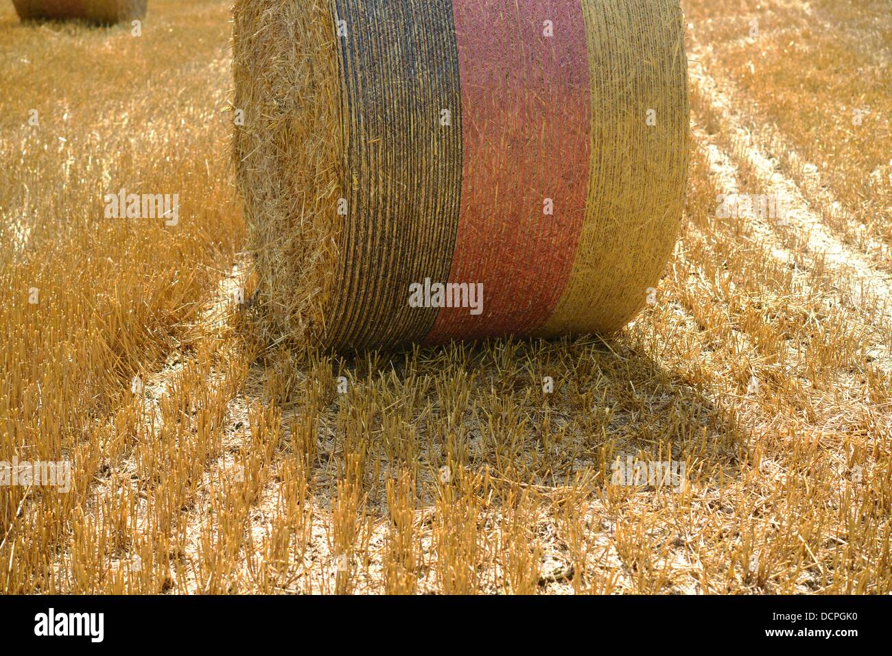 Bales of straw in the colours of the german national flag are laying on ...